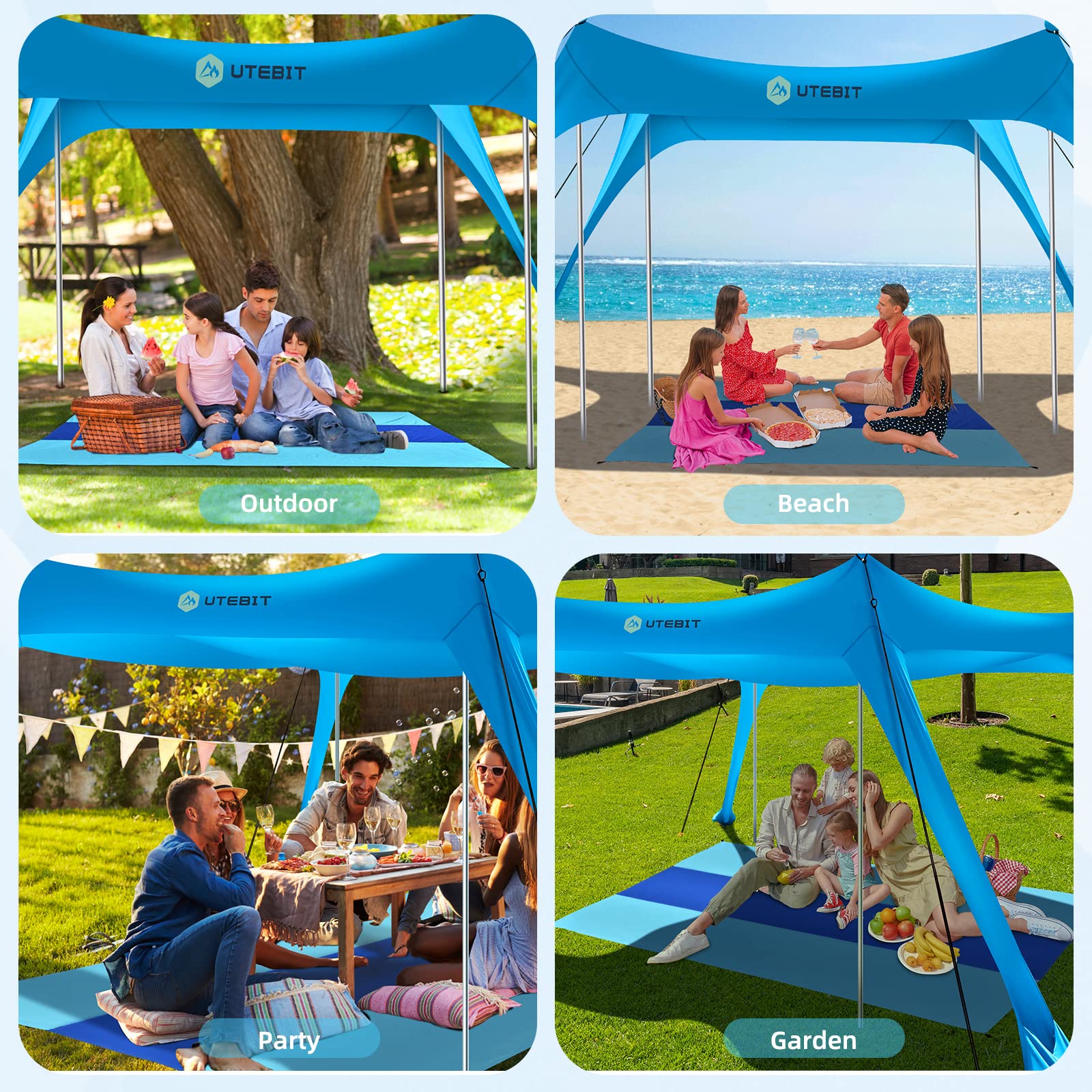 UTEBIT Beach Tent Pop Up Shade with Beach Mat, UPF50+ 10X10 FT Beach Tent Sun Shelter (4-8 Adults) with Sand Shovel, Ground Pegs and 4 Stability Poles, 4 Support Ropes, ect..