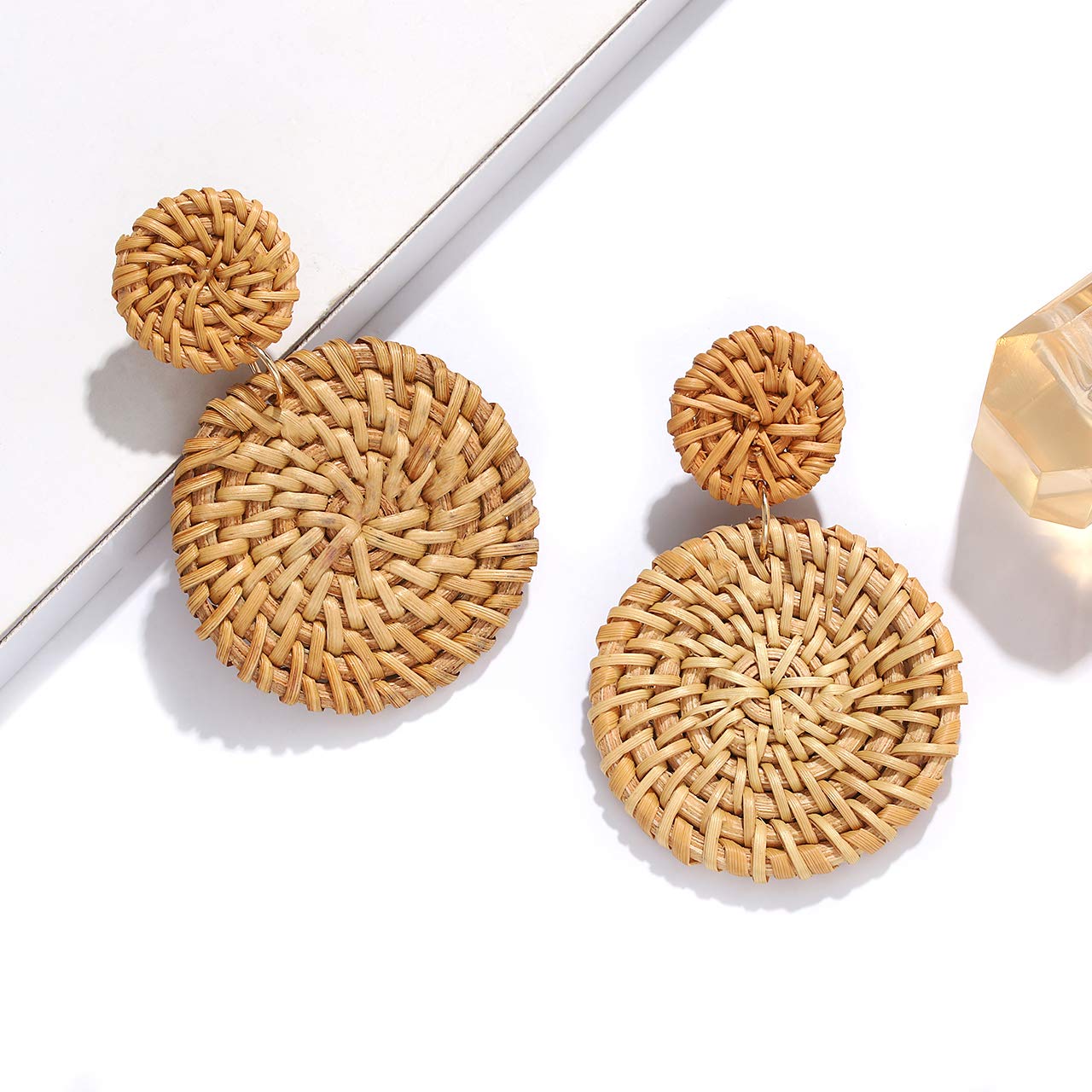 Weave Straw Double Disc Drop Earrings Boho Rattan Dangle Statement Earrings (rattan disk dark)