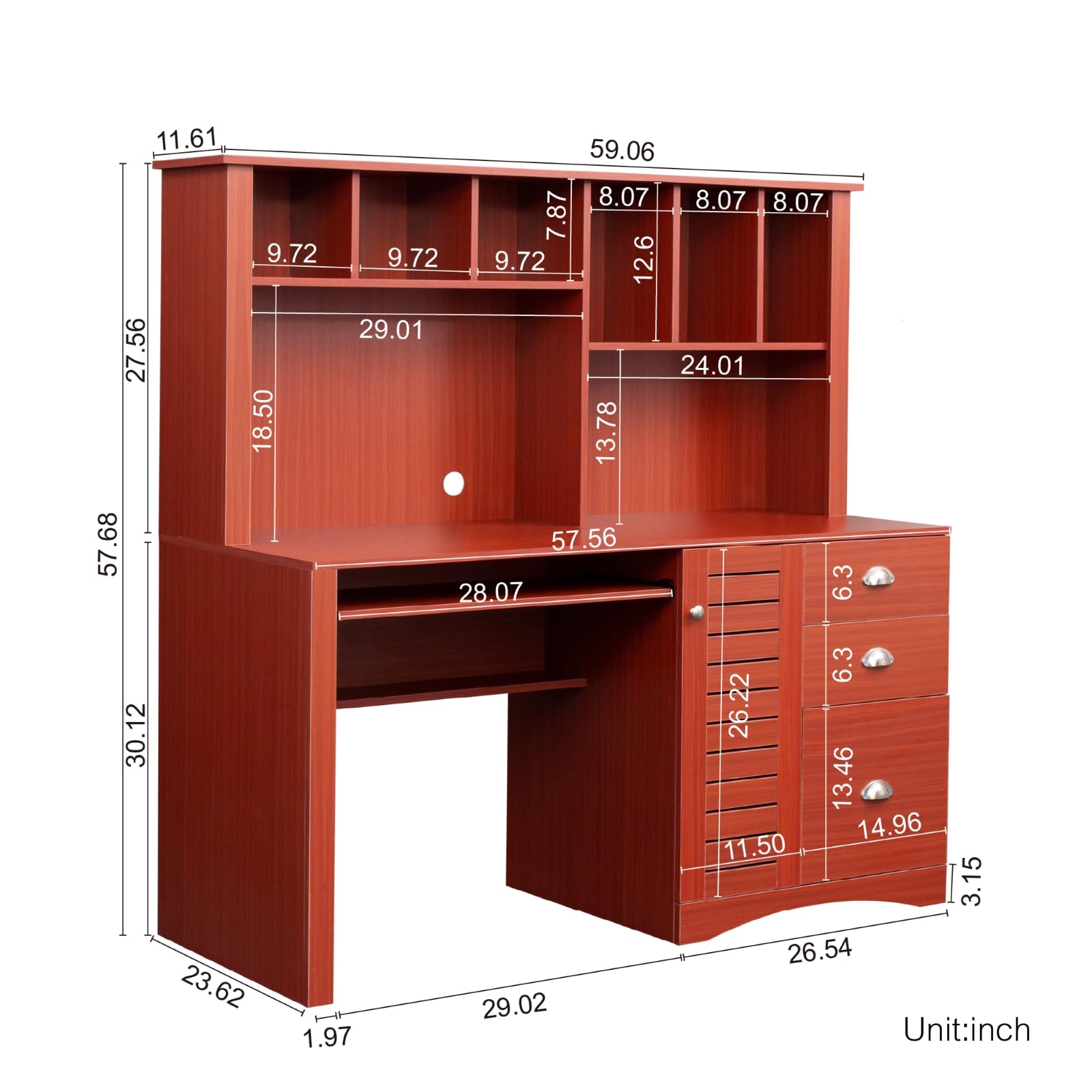Xshelley Home Office Computer Desk with Hutch, 3 Drawers, Keyboard Tray (Red)