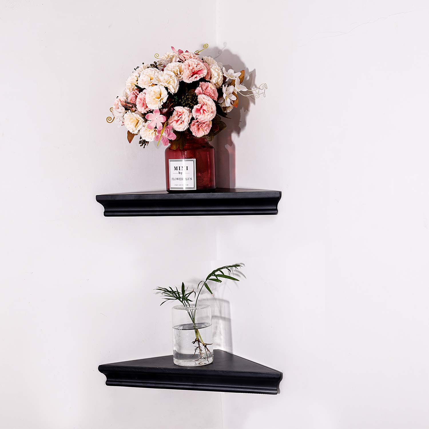 UMICAL Floating Shelves Black Corner Floating Shelf Wall Mounted Floating Corner Shelf Wood Organizer Displays for Home Decor, Set of 2