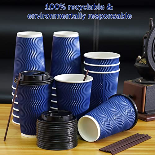 SPRINGPACK Disposable Coffee Cups with Lids and Straws - 16 oz (90 Set) To Go Hot Paper Coffee Cup with Lid Togo for Beverages Tea Espresso Insulated Reusable Cold Drinks Ripple Cups