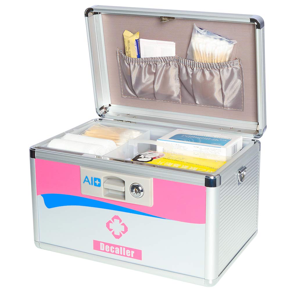 Decaller First Aid Box with Security Lock, Medical Box with Removable Tray for Drugs Storage, 12" x 8 1/5" x 8 1/5", Medium, Pink