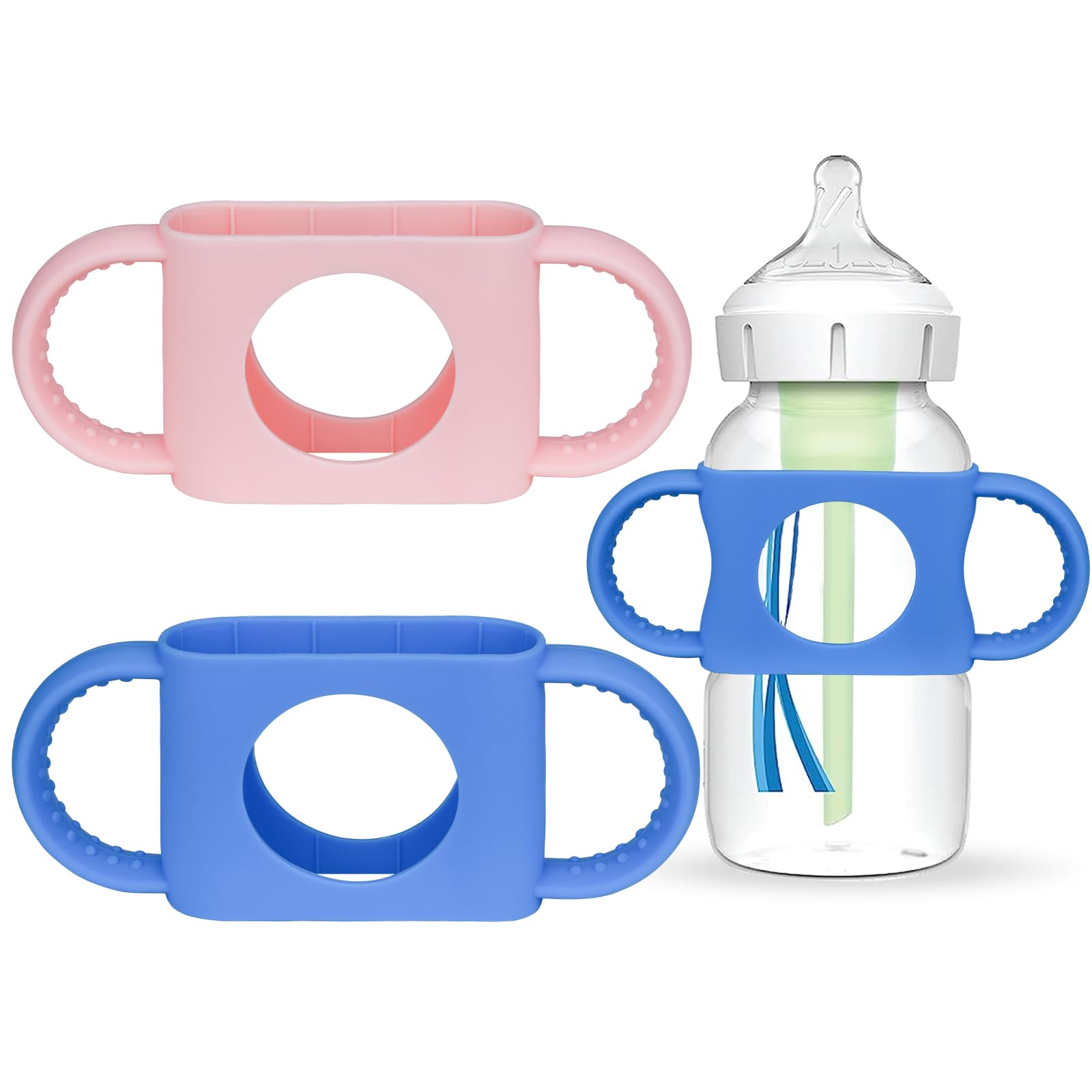 Wide Neck Bottle Handles for Dr Brown, 2 Pack Baby Bottle Holder 100% Silicone, BPA Free, Dishwasher Safe, Baby Grasp Teaching, Hands Free Feeding, Pink and Blue