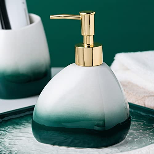 XENITE Soap Dispenser Gradient Green Soap Dispenser, 5 Piece Bathroom Accessories Set, Including Mouthwash Cup, Toothbrush Cup & Soap Dish, 15.2oz Reusable Soap (Color : 5 Piece Set)