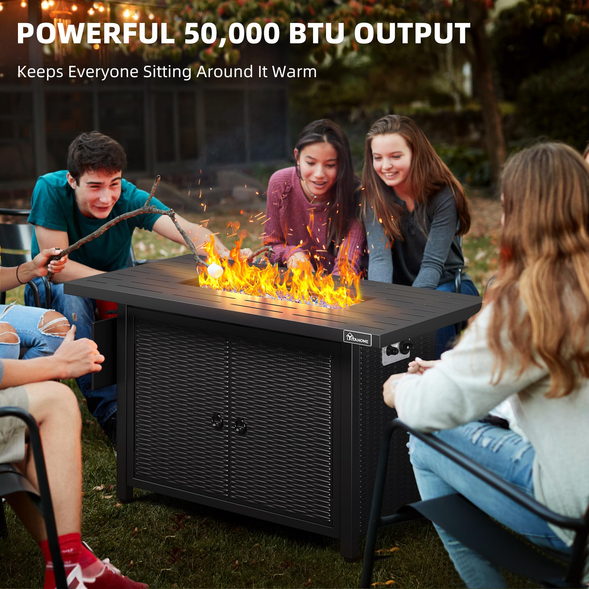 YITAHOME 43 Inch Propane Fire Pit Table and Resin Wicker Base, 50,000 BTU Gas Fire Pit with Ignition Systems, Iron Tabletop, Fire Glass Beads, Cover, Lid Hanger, Rectangle Outdoor Firetable for Patio