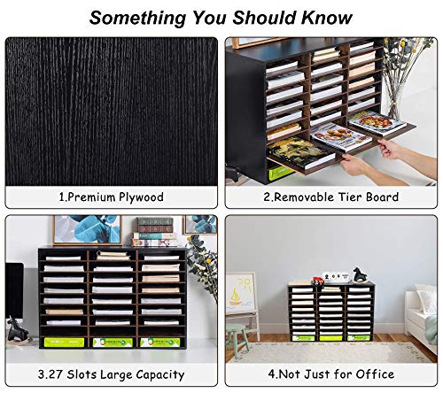 TQVAI Wood Adjustable Literature Organizer Desktop File Sorter Mail Center Paper Storage Cabinet Home & Office Mailbox School Classroom Keepers, 27 Slots Compartments, Black/Archaize
