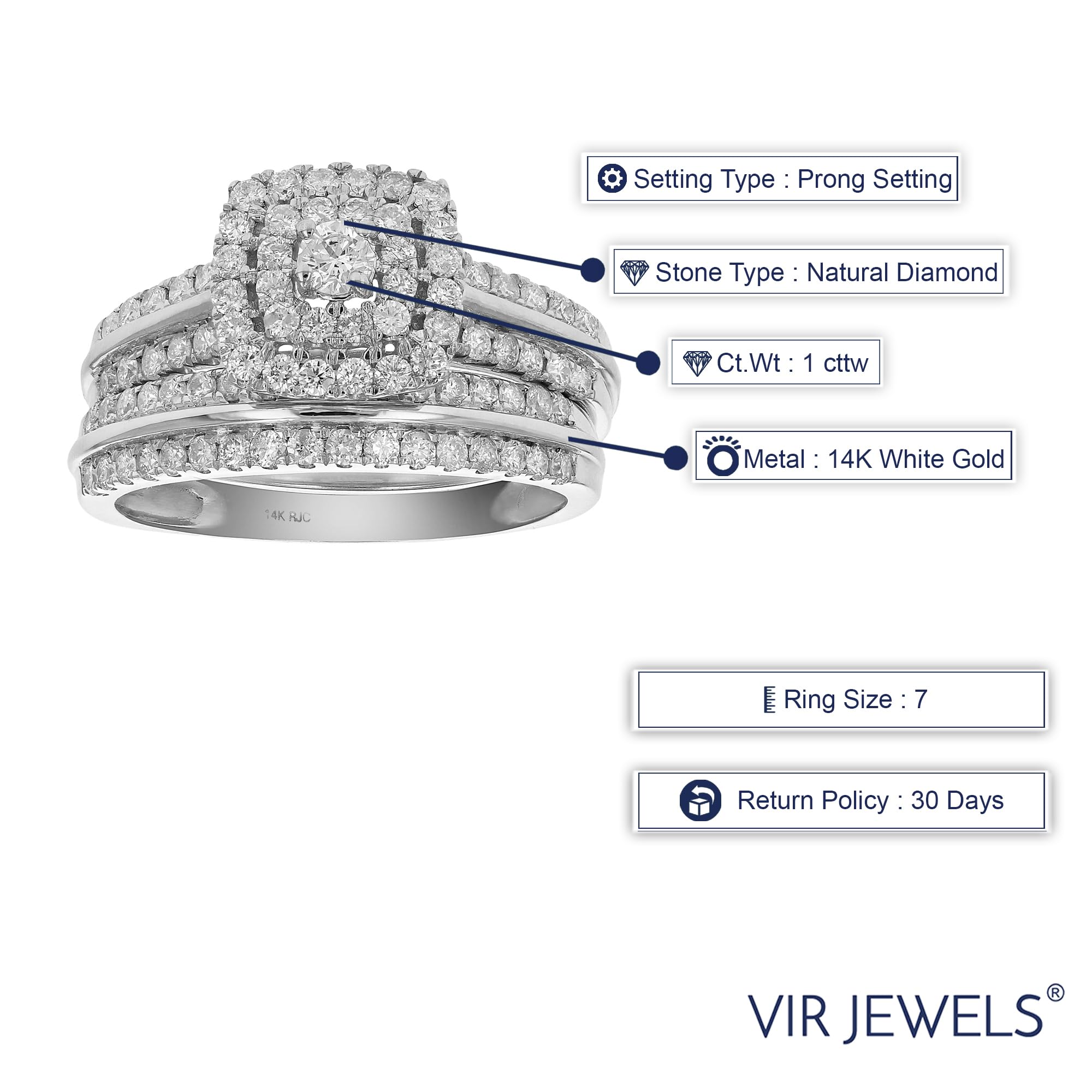 VIR JEWELS 1 CT Diamond Halo Cushion Wedding Engagement Ring Set 14K White Gold in Size 7
