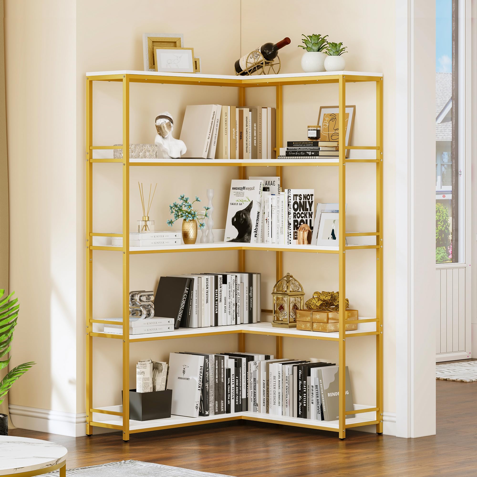 YITAHOME 5 Shelf Bookcase Large Gold Bookshelf, 5 Tier Open Corner Bookshelf, 71" Tall Modern Display Rack Storage Shelves for Living Room, Bedroom, Home Office, Kitchen, White & Gold