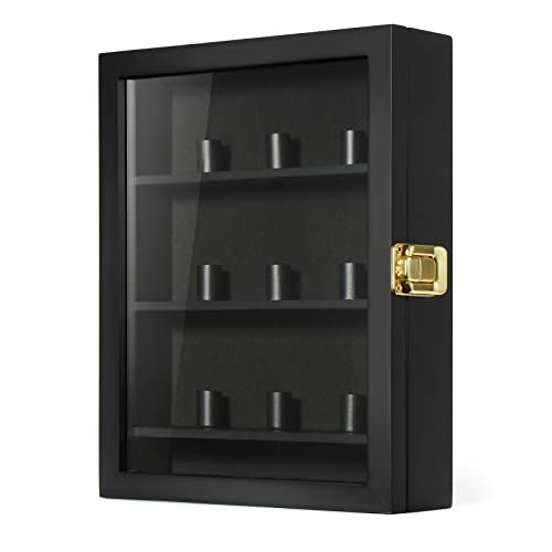 TJ.MOREE Championship Ring Display Case, 9 Ring Posts Baseball Ring Display Case, 8 x 10 Wall Mount Wooden Glass Shadow Box with Locks to Show Sport, Class, Fraternity, and Award Rings - Black