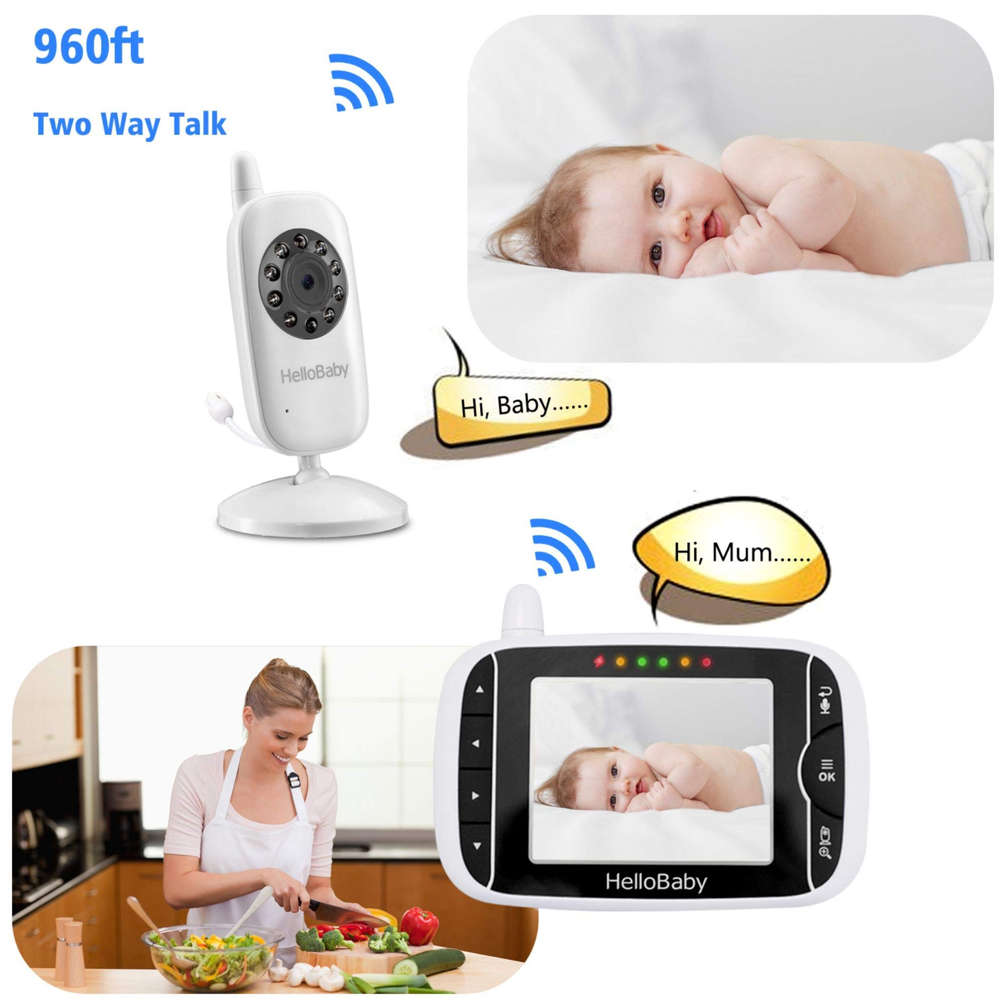 Video Baby Monitor with Camera and Audio | Keep Babies Nursery with Night Vision, Talk Back, Room Temperature, Lullabies, 960ft Range and Long Battery Life