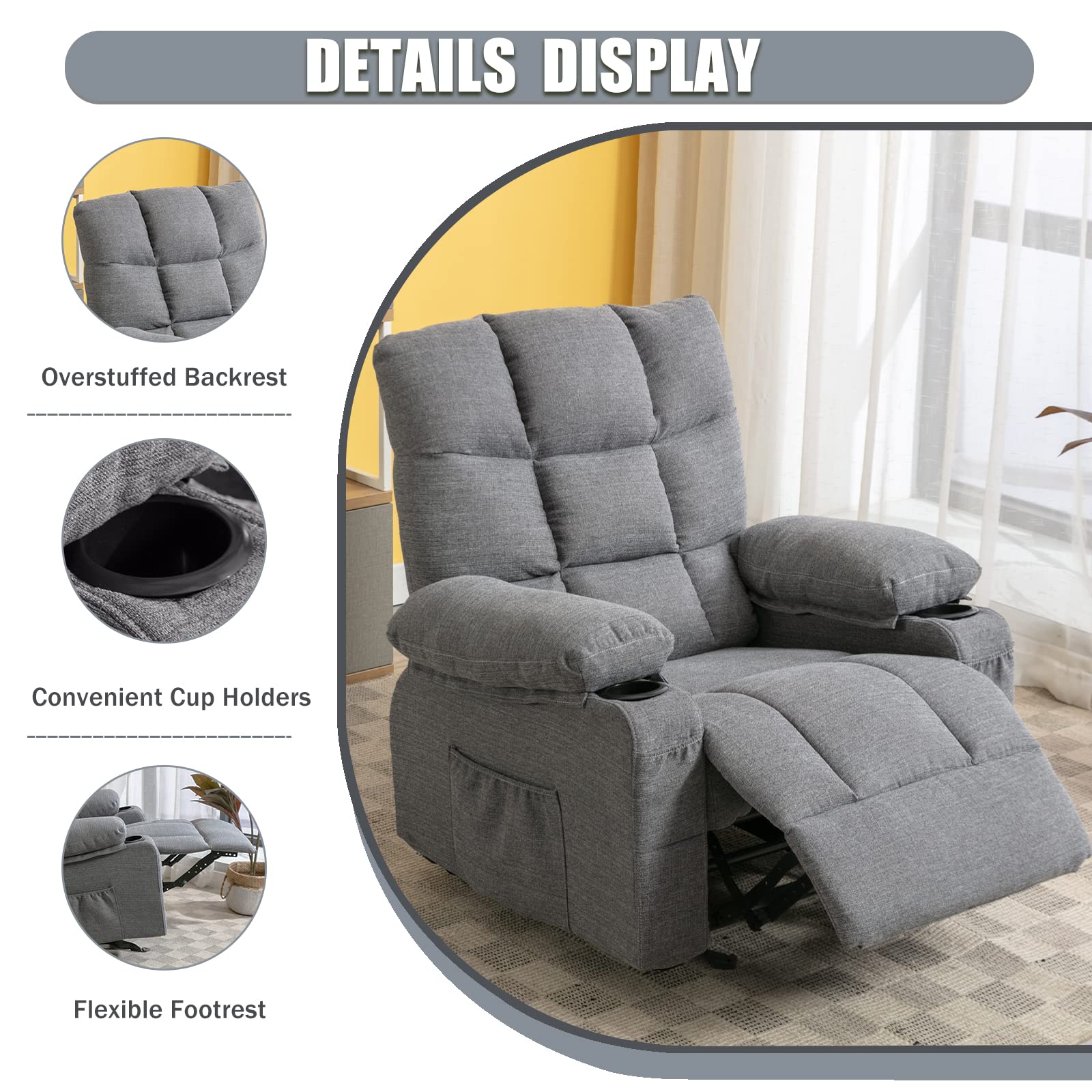VON RACER Recliner Chair Rocking Chairs for Adults Oversized with 2 Cup Holders, USB Charge Port Soft Features a Manual Massage and Heat