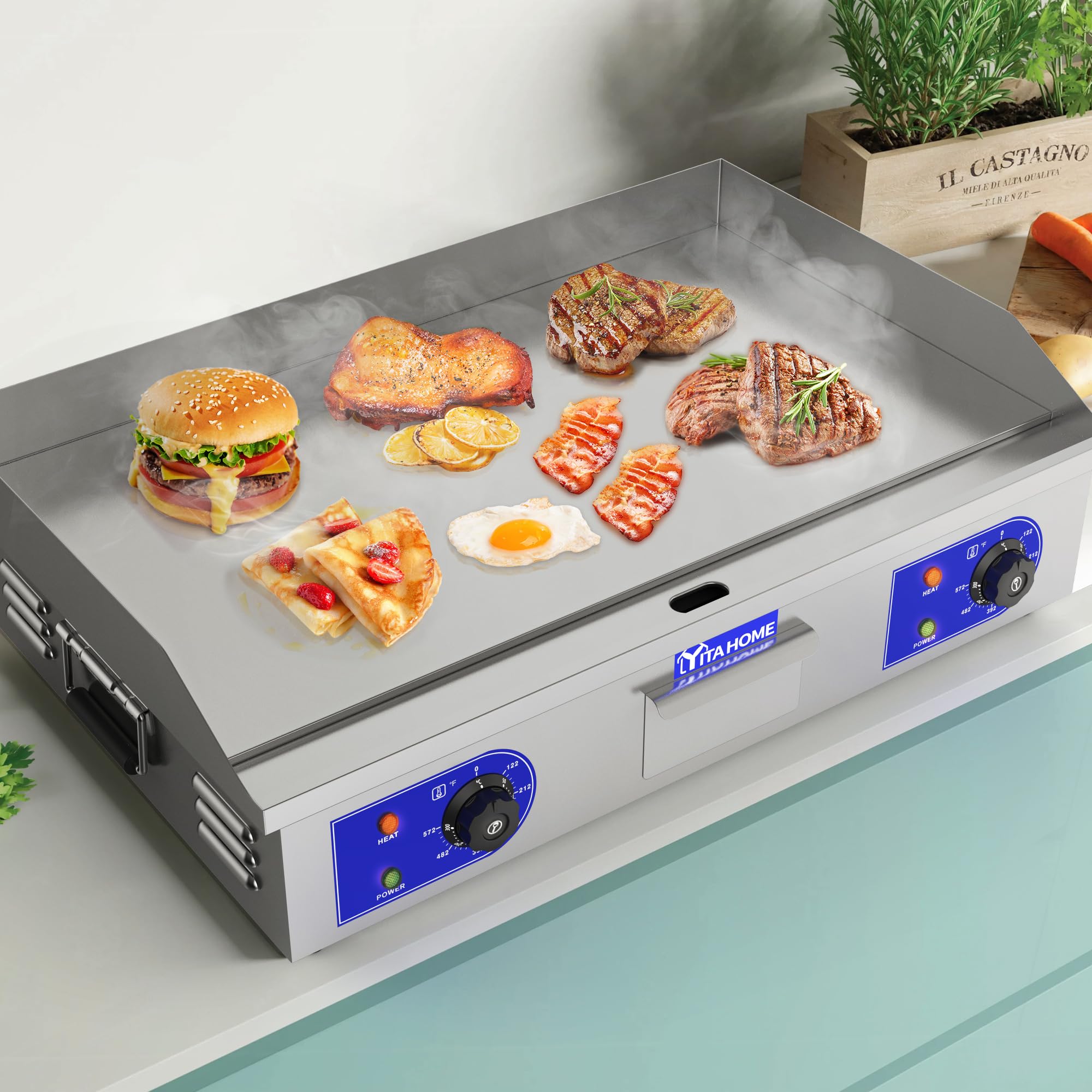YITAHOME Commercial Electric Griddle 29" with Spring Handle, Dual Temperature Control 4400W Countertop Flat Top Griddle, Non-Stick Countertop Grill for Restaurant BBQ Grill Party (No Plug)