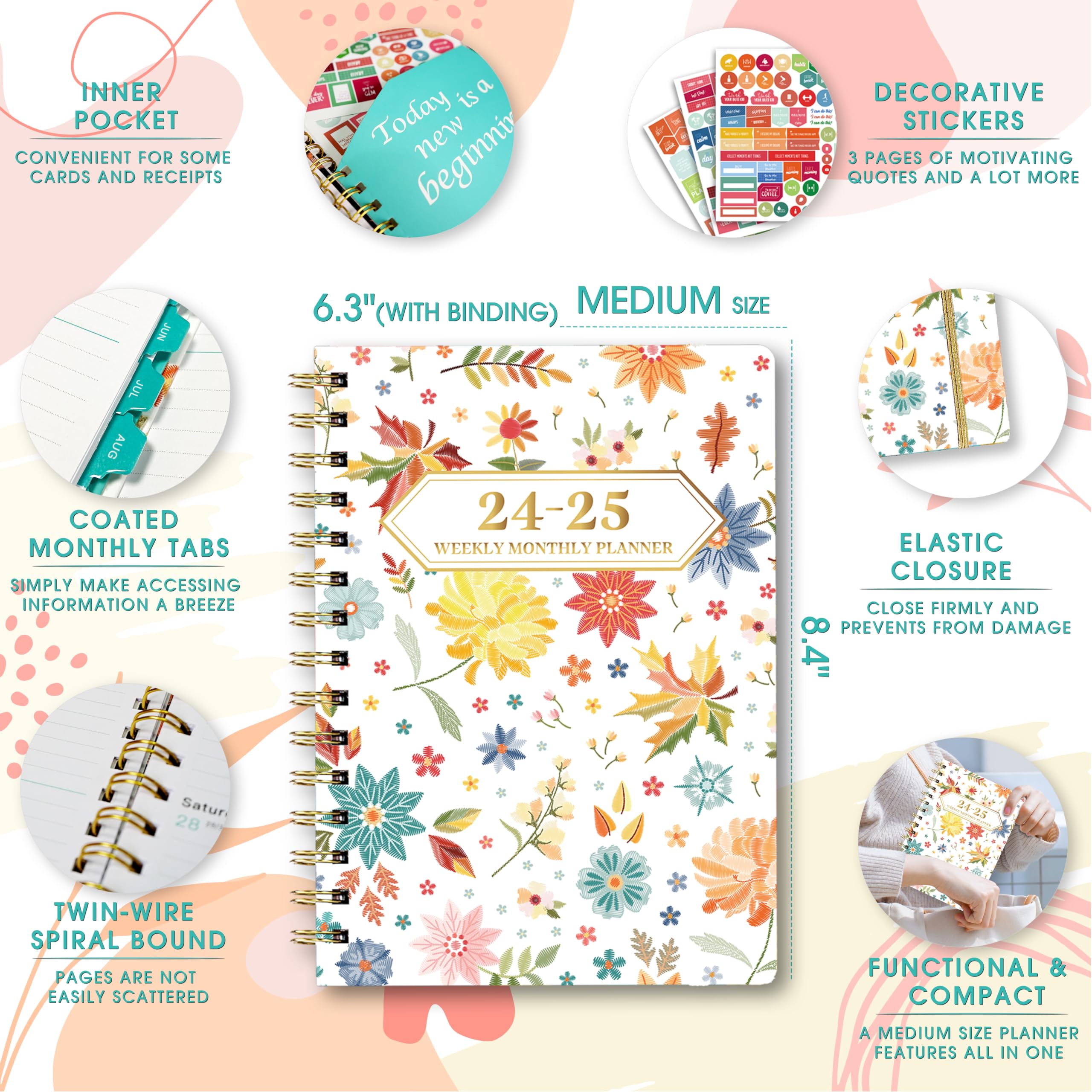 Ymumuda 2024-2025 Planner, 12-Month Daily Weekly Monthly Planner from JUL.2024 to JUN.2025, 8.4" X 6", Spiral Planner Notebook with Stickers, Elastic Closure, Inner Pocket, Colorful Embroidery