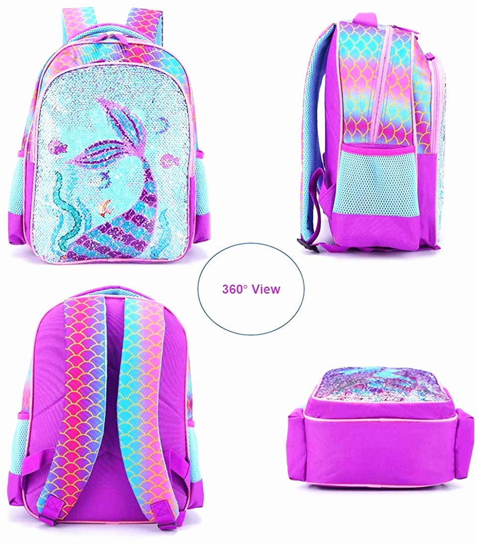 Usnyabni THE Crafts Reversible Sequin School Backpack Lightweight Little Kid Book Bag for Preschool Kindergarten Elementary (17", Mermaid