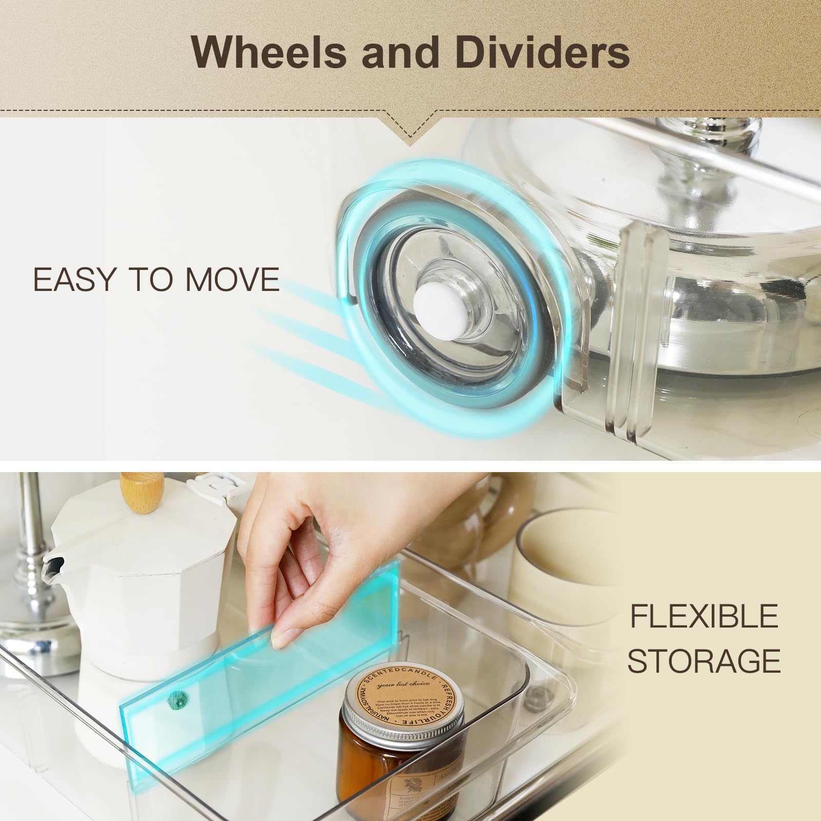 Ynelyase Clear Refrigerator Organizer Bins Plastic for Pantry Freezer Drawer Storage with Wheels and Adjustable Dividers Caddy (7.6" Wide, 2 Pack)