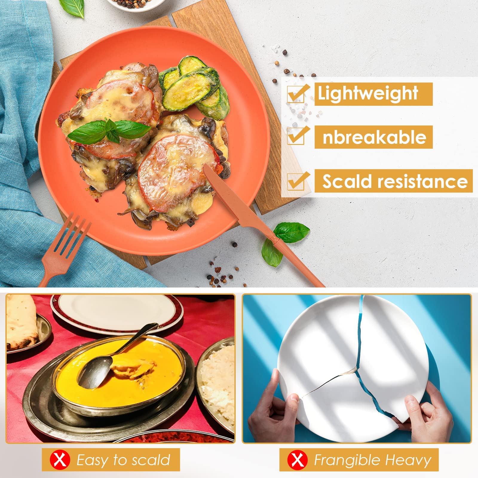 Wheat Straw Dinnerware Sets Service for 4, 36PCS Unbreakable Plastic Kids Plates and Bowls Sets, Family Cutlery Picnic Utensil Set Microwave Safe, Colorful Lightweight Bowl Sets