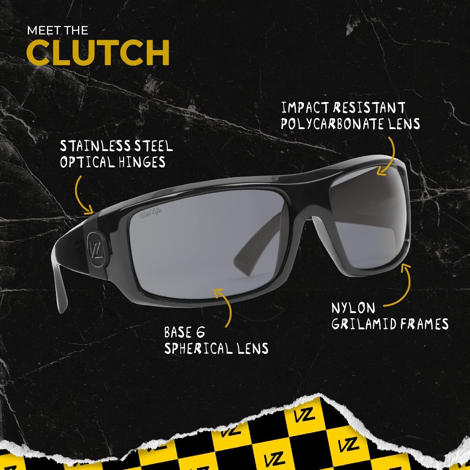 VonZipper Clutch Non-Polarized Sunglasses for Men and Women Black Gloss with Rectangle Clutch Grey Impact-resistant polycarbonate lens Sun Glasses with UV and HEV protection 66mm