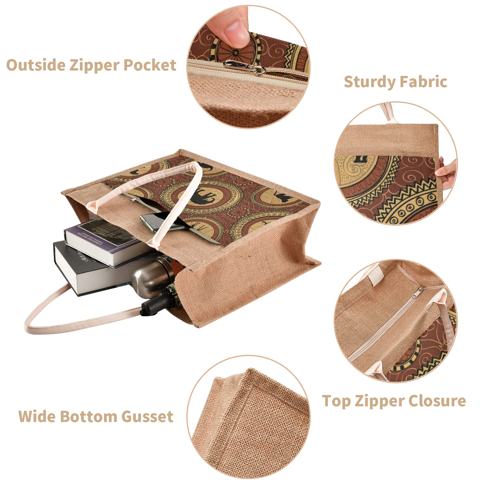Sinestour African Ethnic Jute Tote Bag Jute Gift Bags with Handle Burlap Tote Bag with Canvas Pocket Beach Tote Bag