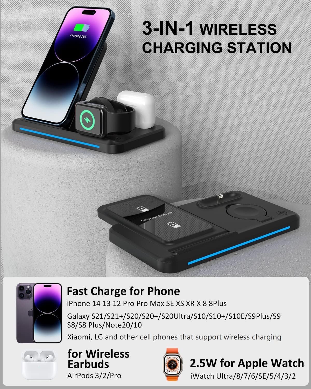 Wireless Charger for iPhone,Charging Station for Apple Multiple Devices,Foldable 3 in 1 Charger for iPhone 14/13/12/11/Pro/Max/XS/Max/XR/XS/X, Apple Watch 8/7/6/SE/5/4/3/2, Airpods