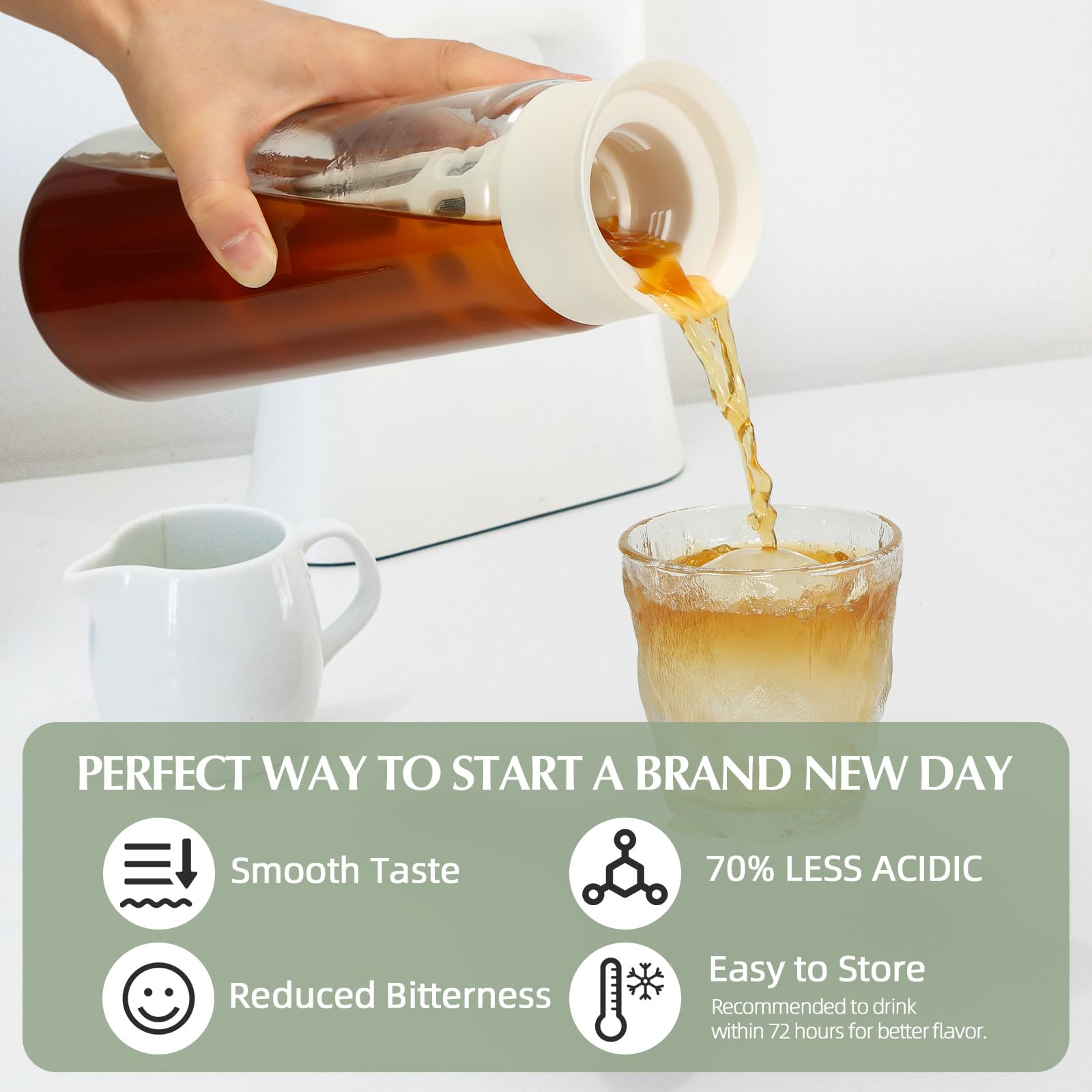 STFALI Cold Brew Coffee Maker - 1 qt, Cold Brew Maker with Durable Glass Pitcher & Double-layer Stainless Steel Mesh Filter for Iced Brew Coffee, Iced Tea Glass Water Bottle