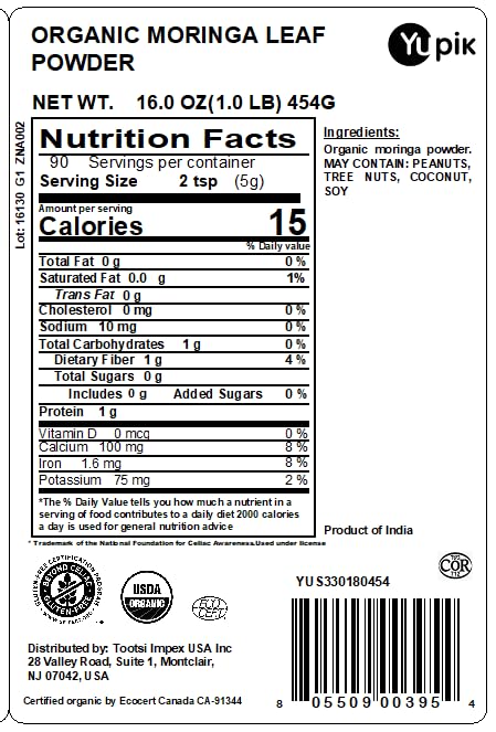 Yupik Organic Powder Superfood, 1 lb Moringa Leaf, 16 Oz, Non-GMO, Vegan, Gluten-Free