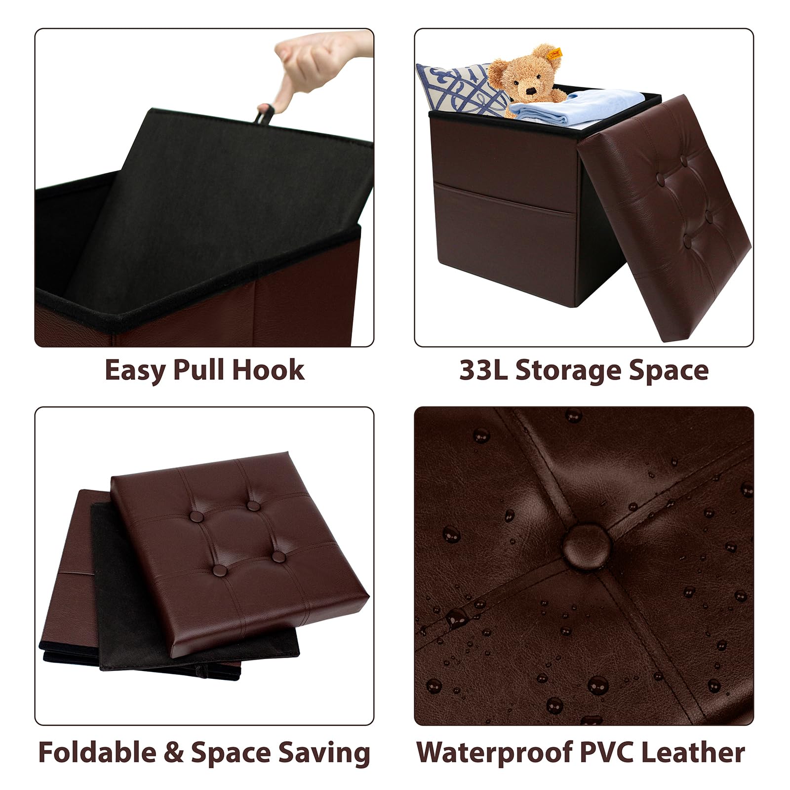 xuperbonus15 Inches Folding Storage Square Ottoman with Side Pocket Brown Leather Cube Foot Rest Stool Seat for Dorm Living Room Bedroom