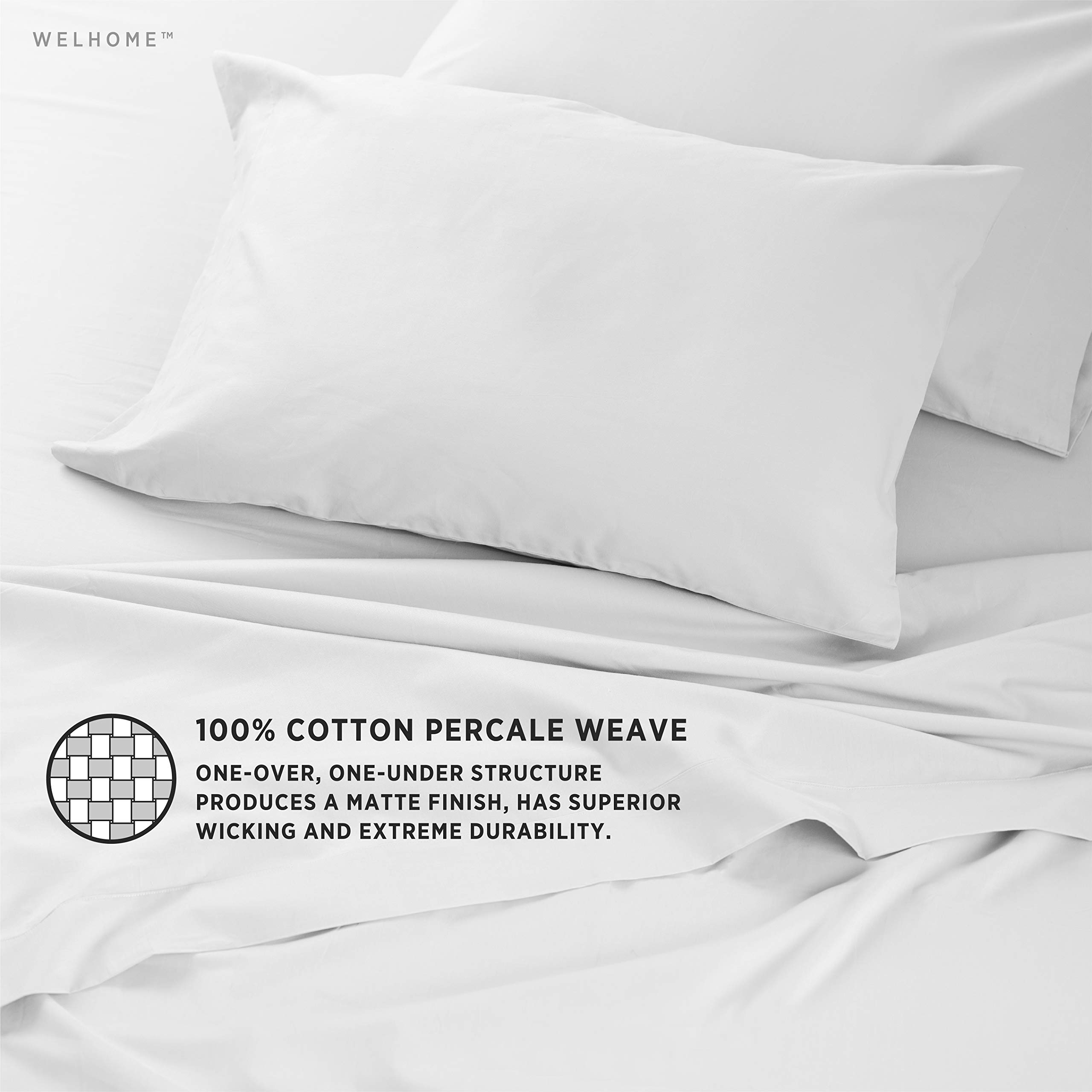 Welhome Soft Finish 100% Cotton Percale Sheet | 4 Piece Set | Queen Size | White | Deep Pocket Fitted Sheet Fits Mattress Upto 18" | Soft & Cool | Breathable | Durable | Easy Fit