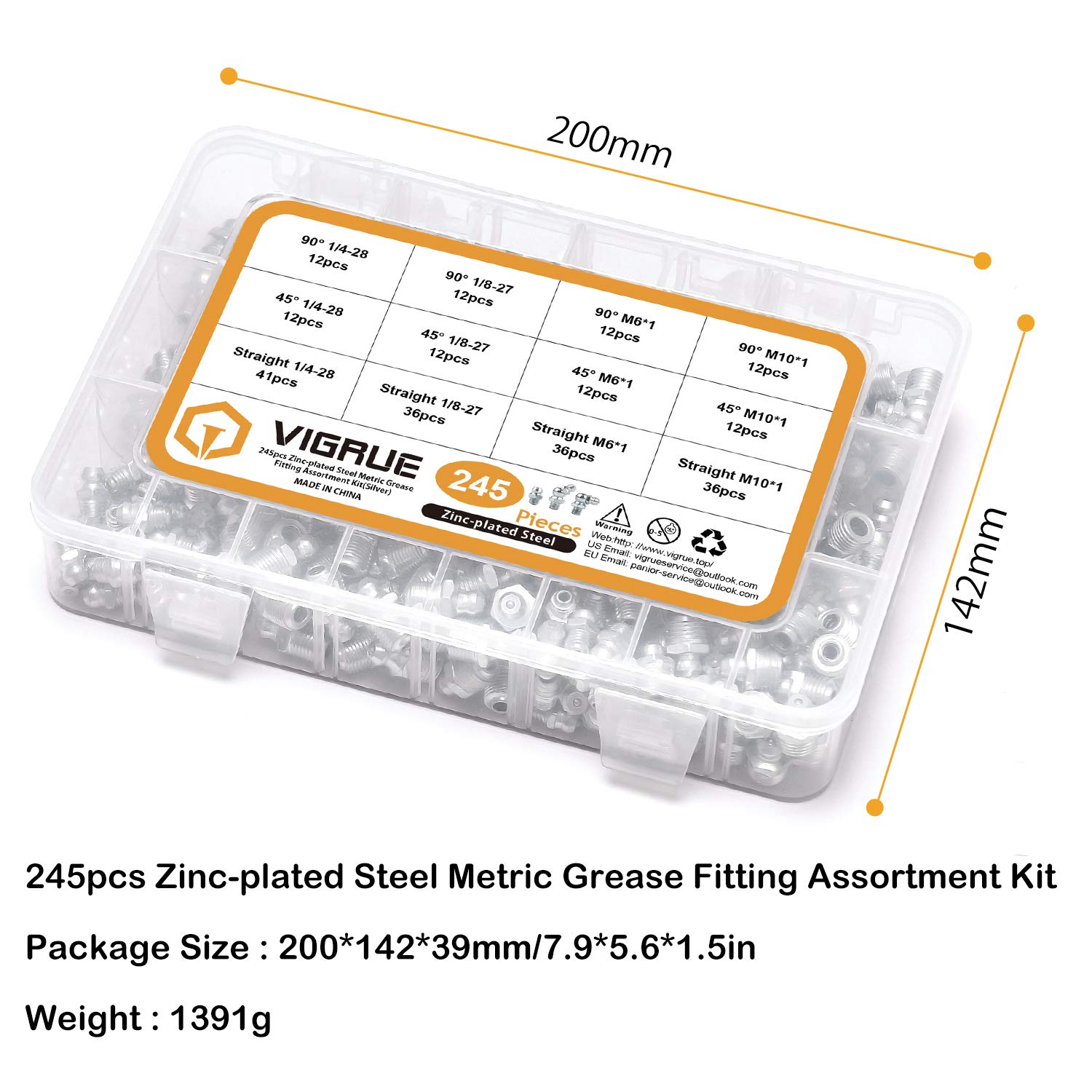 VIGRUE Grease Fittings, 245 Pieces SAE & Metric Grease Fitting Assortment Kit, Standard Grease Fittings Grease Zerks, Straight and Angled Perfect for Replacing Missing or Broken Zerk Fitting