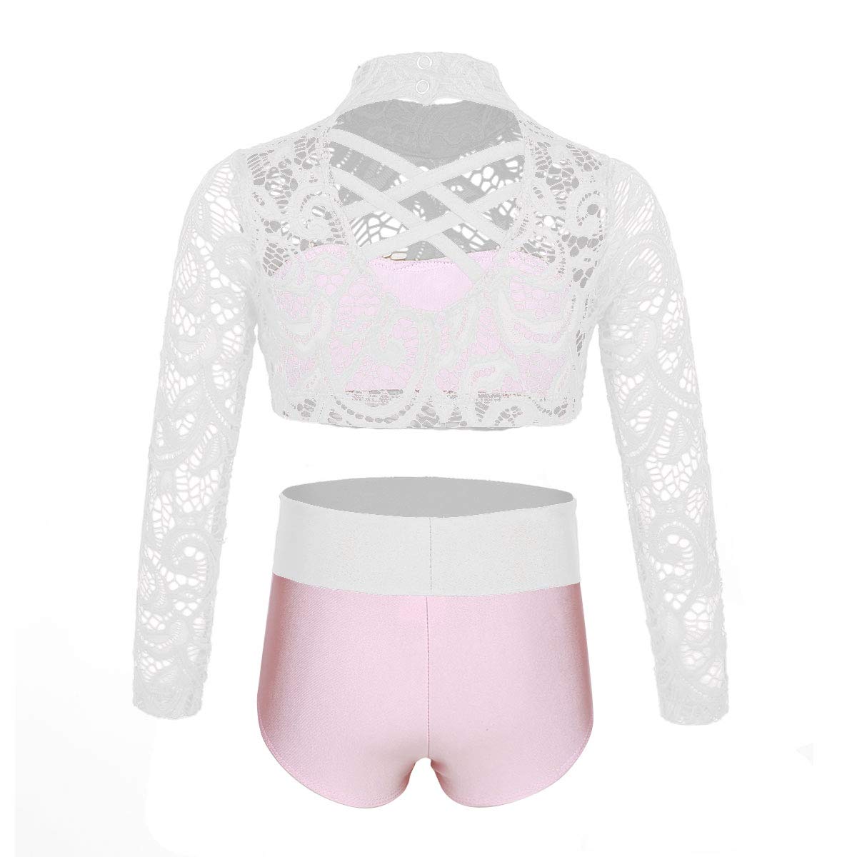 Yeahdor Girls Kids 2 Pieces Athletic Dance Outfits Long Sleeve Top with High Waisted Shorts for Dancing Workout Gymnastics White &Pink 7-8