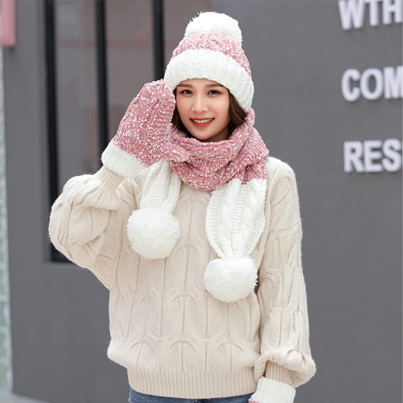 SINLOOG Beanie Hat Scarf and Gloves Set, Womens Winter Warm Knitted Hat Thick Skull Cap 3 in 1 for Cold Weather (Navy Blue, One Size)