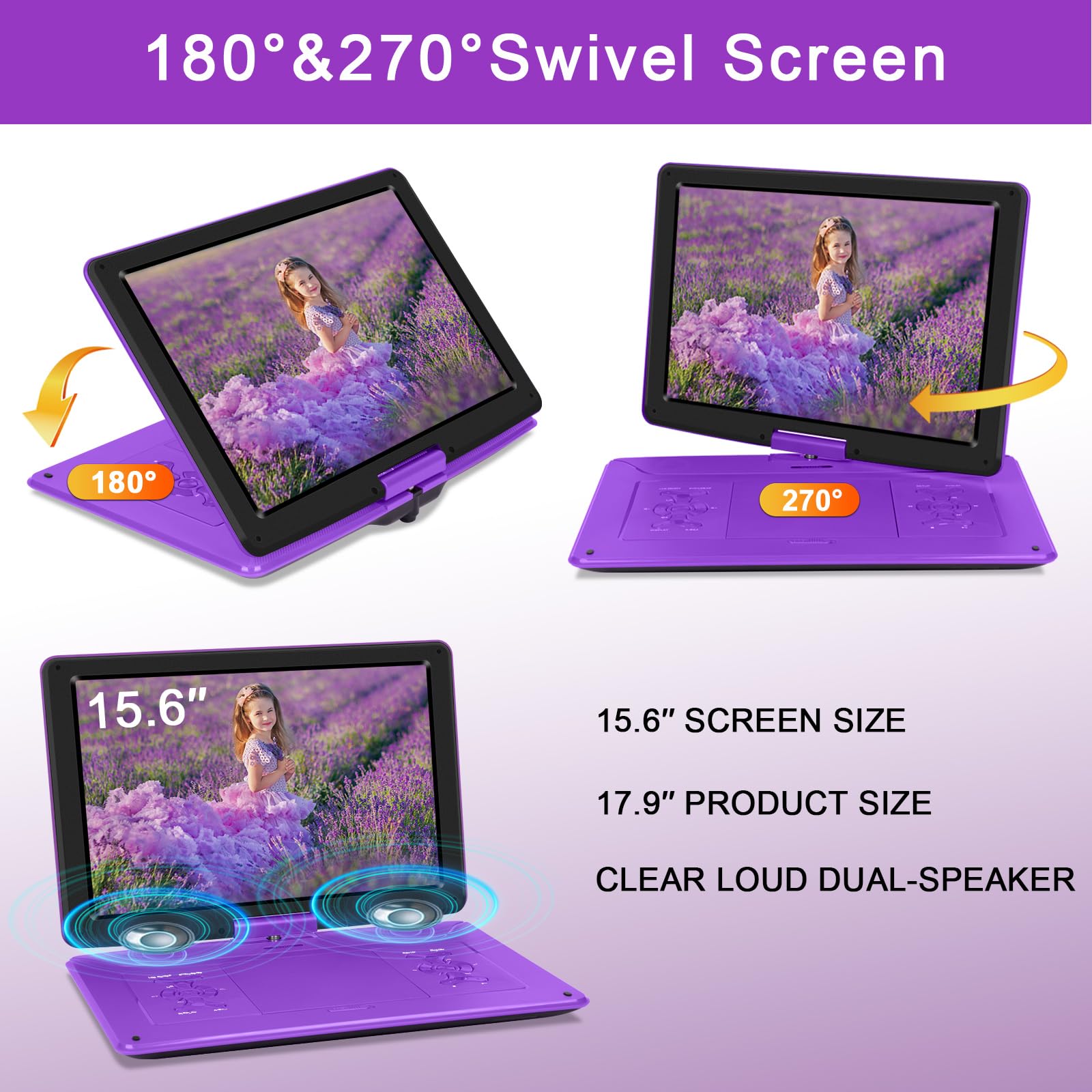 ππΆπΆπ―πΆπΆ 17.9'' Portable DVD Player with 15.6" Large Swivel Screen, 6 Hours Battery DVD Player Portable with Car Charger and AC Adapter, Support USB/SD Card/Sync TV, Region Free, Purple