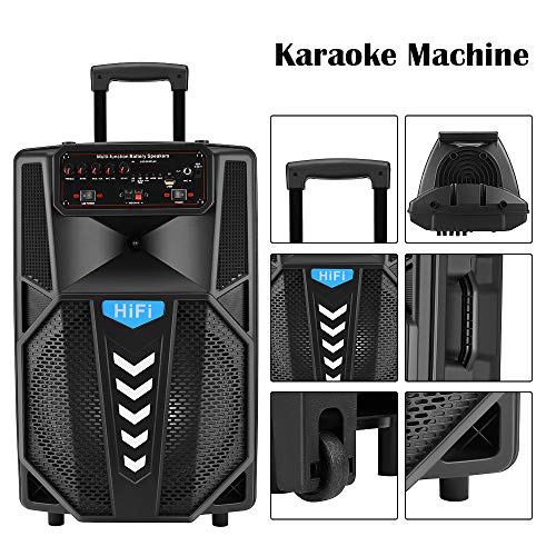 Wireless Karaoke Speaker System with 12'' Subwoofer, Kacsoo Outdoor Portable Bluetooth PA Speaker System with 2 Karaoke Microphones, DJ Lights, FM Radio, MP3/BT/TF Card, AUX Interface, Remote, Black