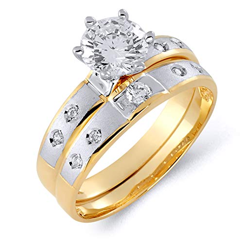 Wellingsale Ladies Solid 14k Two 2 Tone White and Yellow Gold Polished CZ Cubic Zirconia Round Cut Engagement Ring and Wedding Band Bridal Set - Size 4