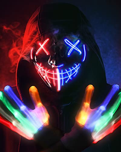 STONCH Halloween Mask Skeleton Gloves Set, 3 Modes Light Up Scary LED Mask with LED Glow Gloves, Halloween Decorations Anonymous Carnival Costumes glow purge Masks Gift for Boys Girl