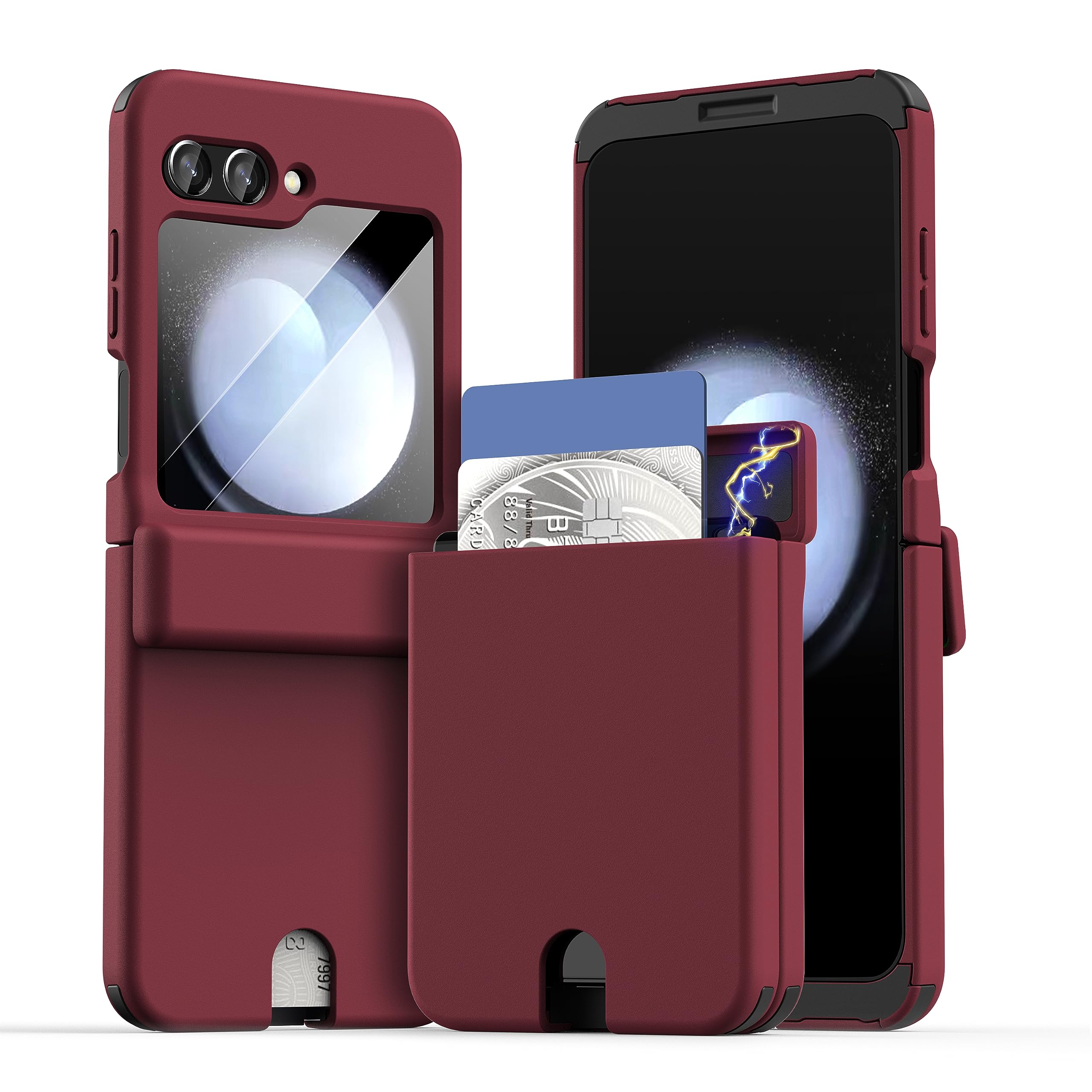 X-FOUR Compatible with Galaxy Z Flip 5 Case with Hinge Protection Card Holder & Screen Protector - Hard PC TPU Anti-Slip Shockproof Protective Case for Samsung Galaxy Z Flip 5 (Burgundy)