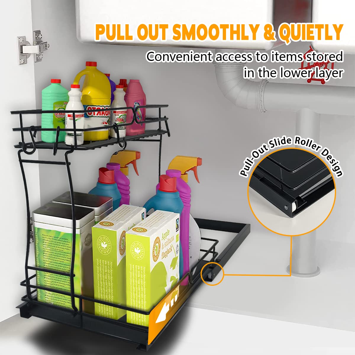 YANCONGLIDEYAN Pull Out Cabinet Organizer 2 Tier Under Sink Cabinet Organizer Storage Shelf with Sliding Storage Basket for Kitchen Bathroom Laundry Room, Request at Least 11 inch Cabinet Opening