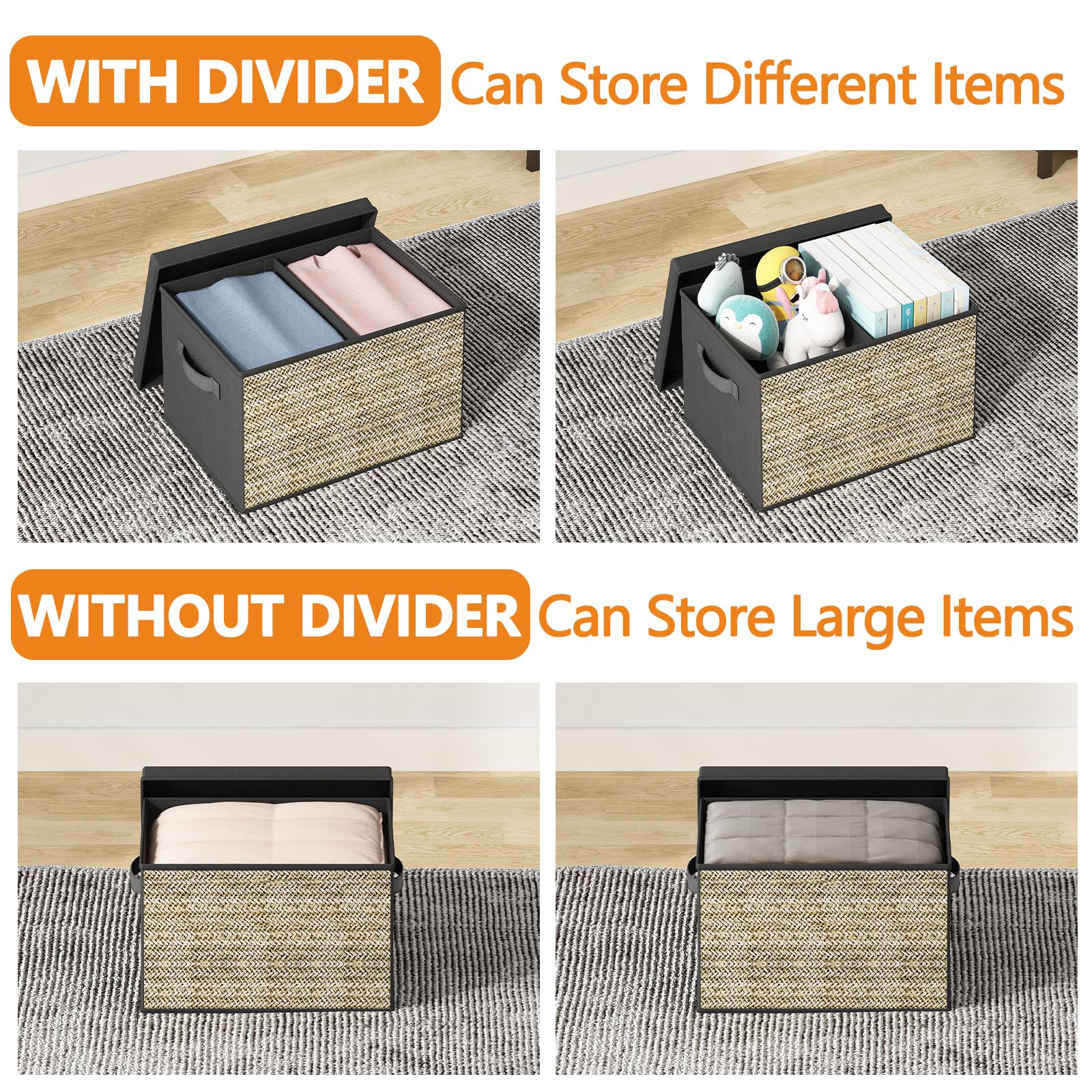 Wisdom Star 4 Pack Large Storage Bins with Lid & Handles, Collapsible Fabric Storage Cube Bin with Removable Divider, Foldable Closet Organizer Clothing Shelf Basket, Black