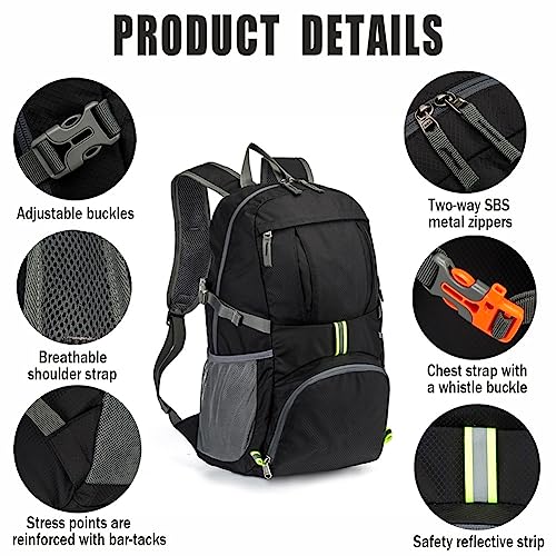 YOTOM Travel Hiking Backpack, 35L Ultralight Packable Travel Camping Hiking Backpack Daypack (Black)
