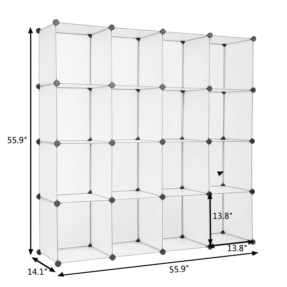VINGLI 16 Cube Storage, Cubes Organizer Shelves Plastic Closet Cabinet, DIY Modular Book Shelf Storage Cube Organizer w/Hammer for Bedroom Living Room Office - Translucent White