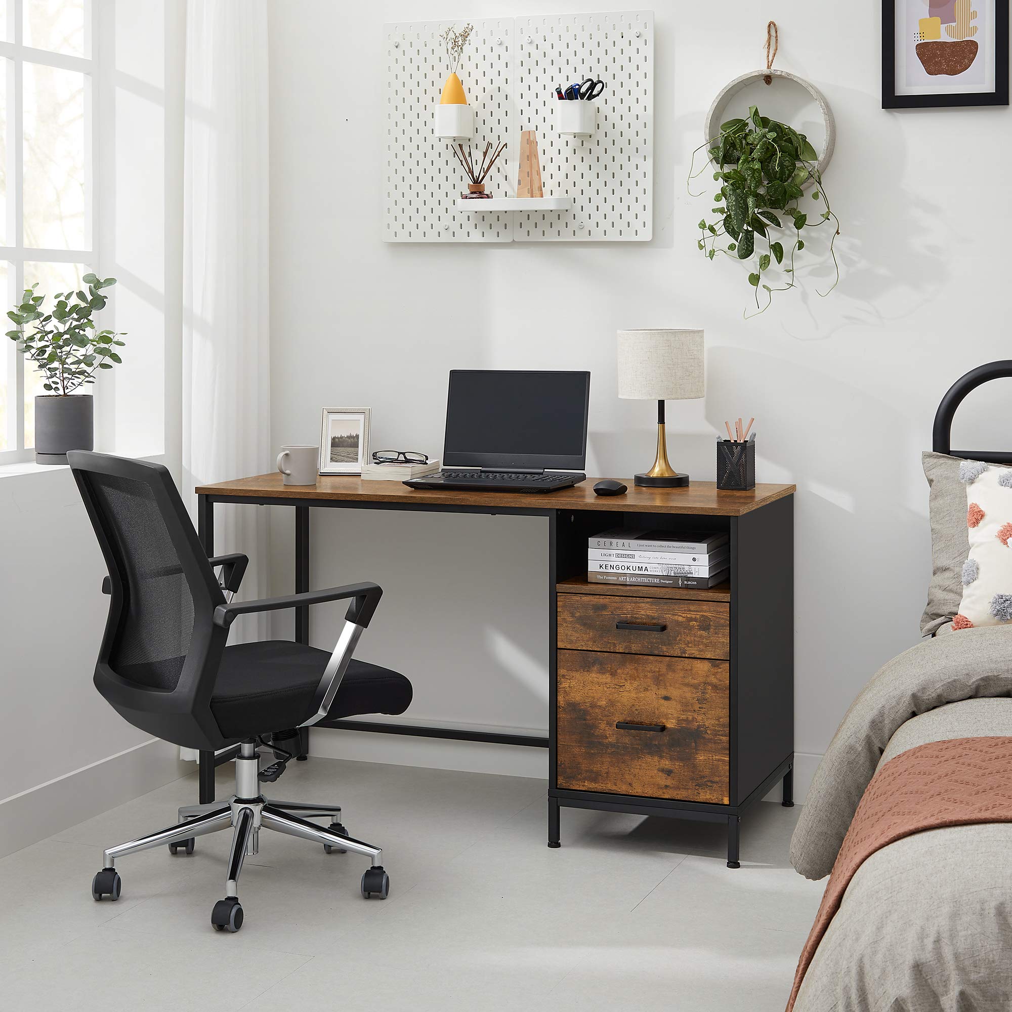 VASAGLE Computer Desk with Drawers, Writing Study Desk with File Cabinet, PC Desk for Home Office, Industrial Style, Rustic Brown and Black ULWD052B01