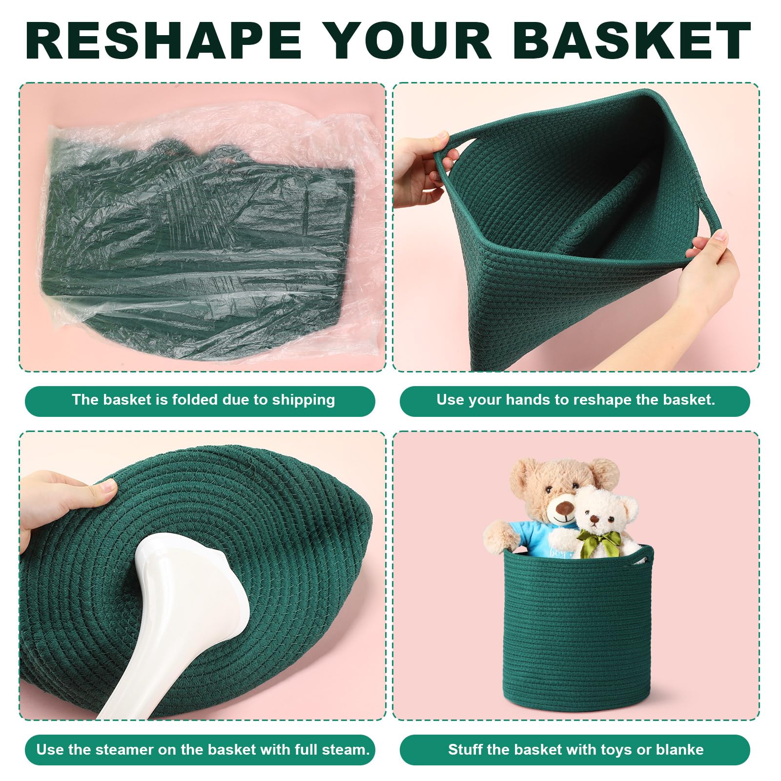 Yaomiao 8 Pcs Woven Basket with Handles Storage Cube Bins Cubby Storage Organizer 11x11x11'' Cube Storage Bins Toy Organization Bulk for Closet Shelf Bookcasestoy Clothes, Round and Green