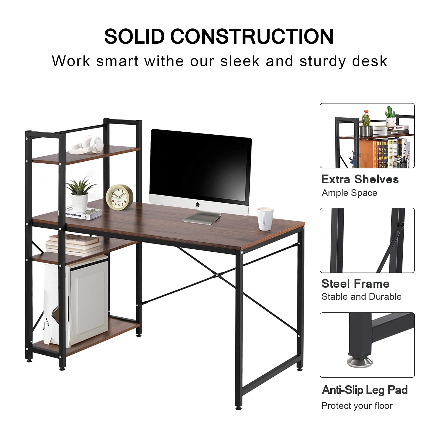 VECELO Computer Desk with Storage Shelves 47 inch Study Writing Gaming Table with 4-Tier Bookshelf Space-Saving Design,Multipurpose Home Office Workstation, Brown