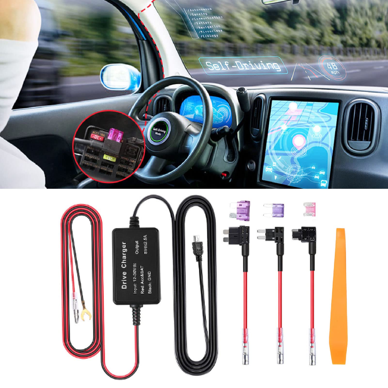 Yctze Dash Cam Hardwire Kit Mini USB Adapter High Securi Car Dash Camera Hard Wire Kit Dashcam Hardwiring Kit Dash Cam Hardwire Kit GPS Navigator Hard