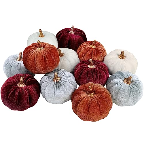 Winlyn 12 Pcs Assorted Small Faux Rustic Velvet Pumpkins Decorative Fabric Pumpkins Foam Pumpkins in Burgundy Bronze Gray White 3" for Fall Wedding Halloween Thanksgiving Table Centerpiece Décor