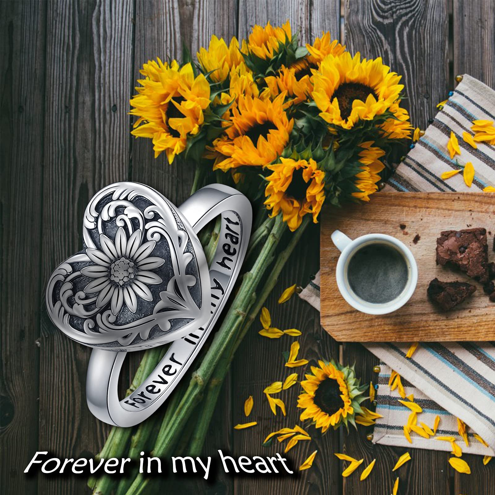 SOULMEET Sunflower Locket Urn Ring That Holds Loved Ones Ashes Sterling Silver Personalized Locket Band Keepsake Memorial Jewelry Cremation Rings for women Size 8