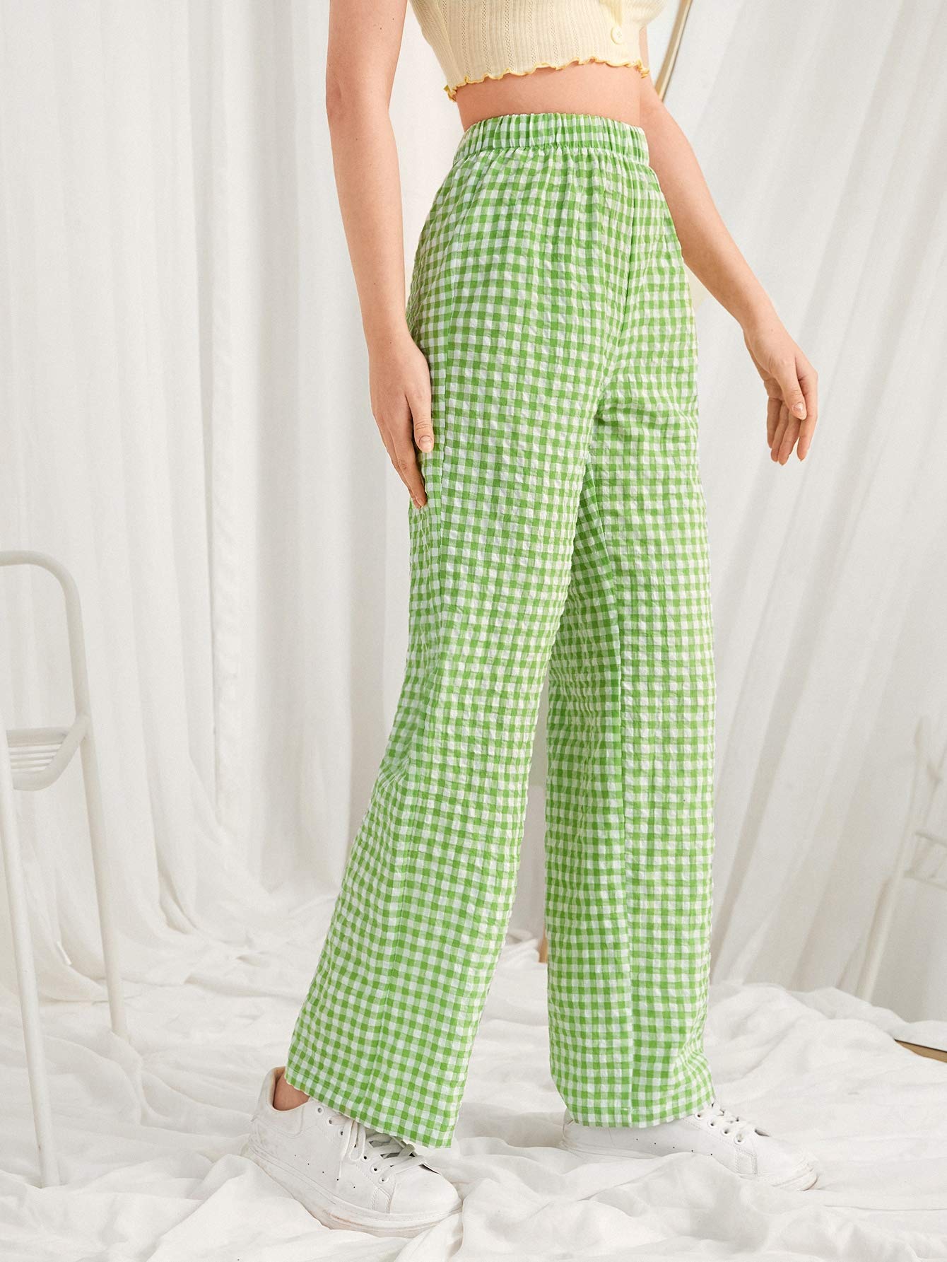 SOLY HUX Women's Casual Gingham Relaxed Fit Elastic High Waisted Straight Wide Leg Y2K Trousers Pants Lime Green M