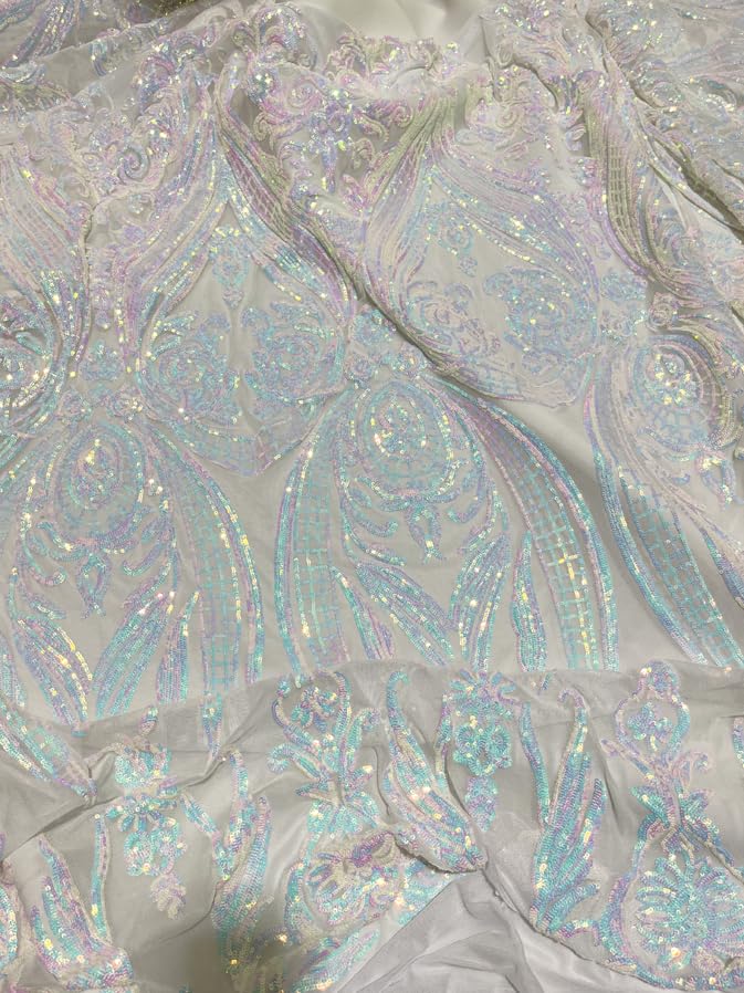 White Iridescent Geometric Stretch Sequin Fabric by The Yard | 4 Way Stretch Fabric Spandex Lace Fabric | White Stretch Mesh Embroidery with 3mm Sequin | White Iridesecent Sequin Fabric-Per Yard