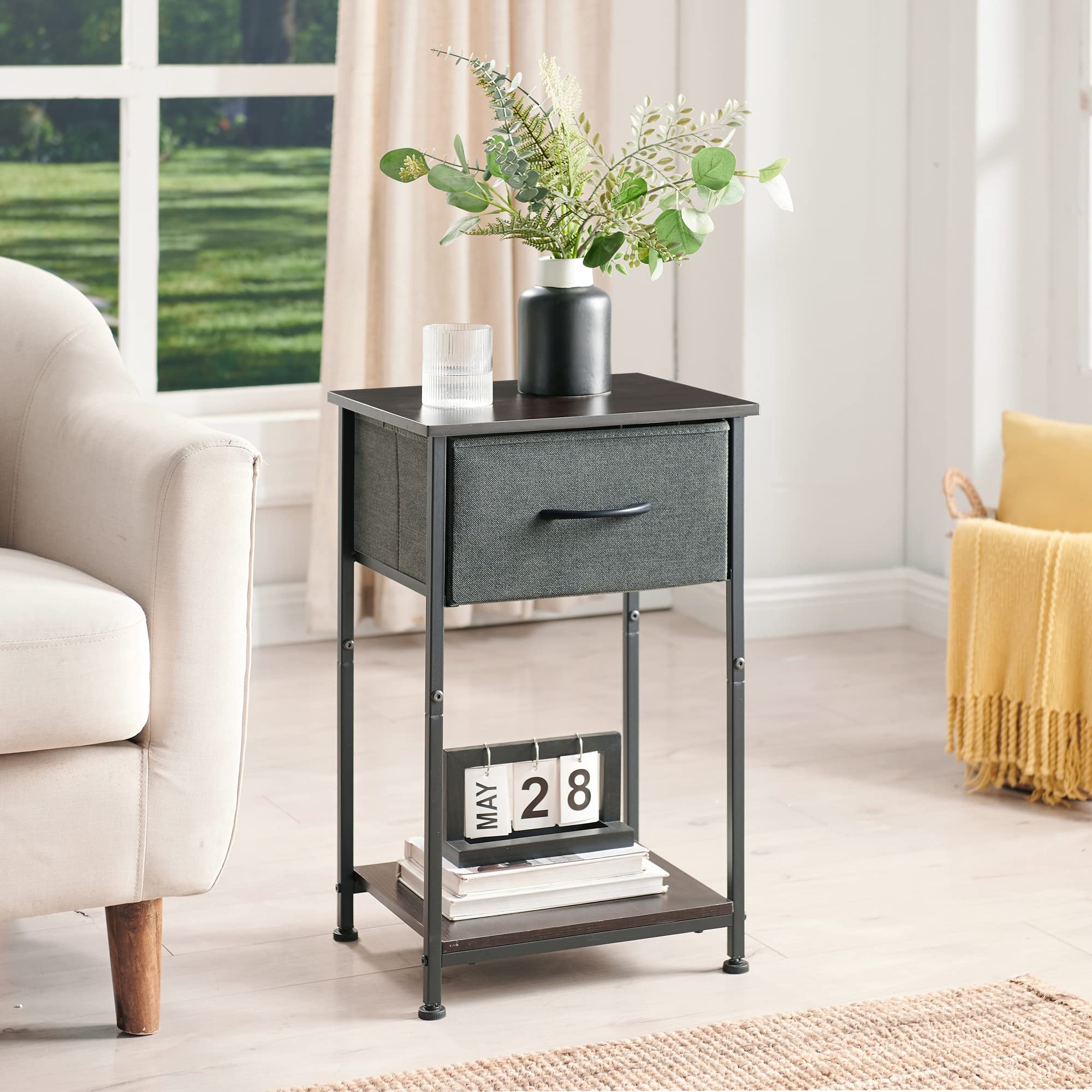Somdot Nightstand Set of 2, Bedside Table End Table for Bedroom Dorm Nursery Living Room - Removable Fabric Drawer, Open Storage Shelf, Sturdy Steel Frame, Durable Wood Top - Black