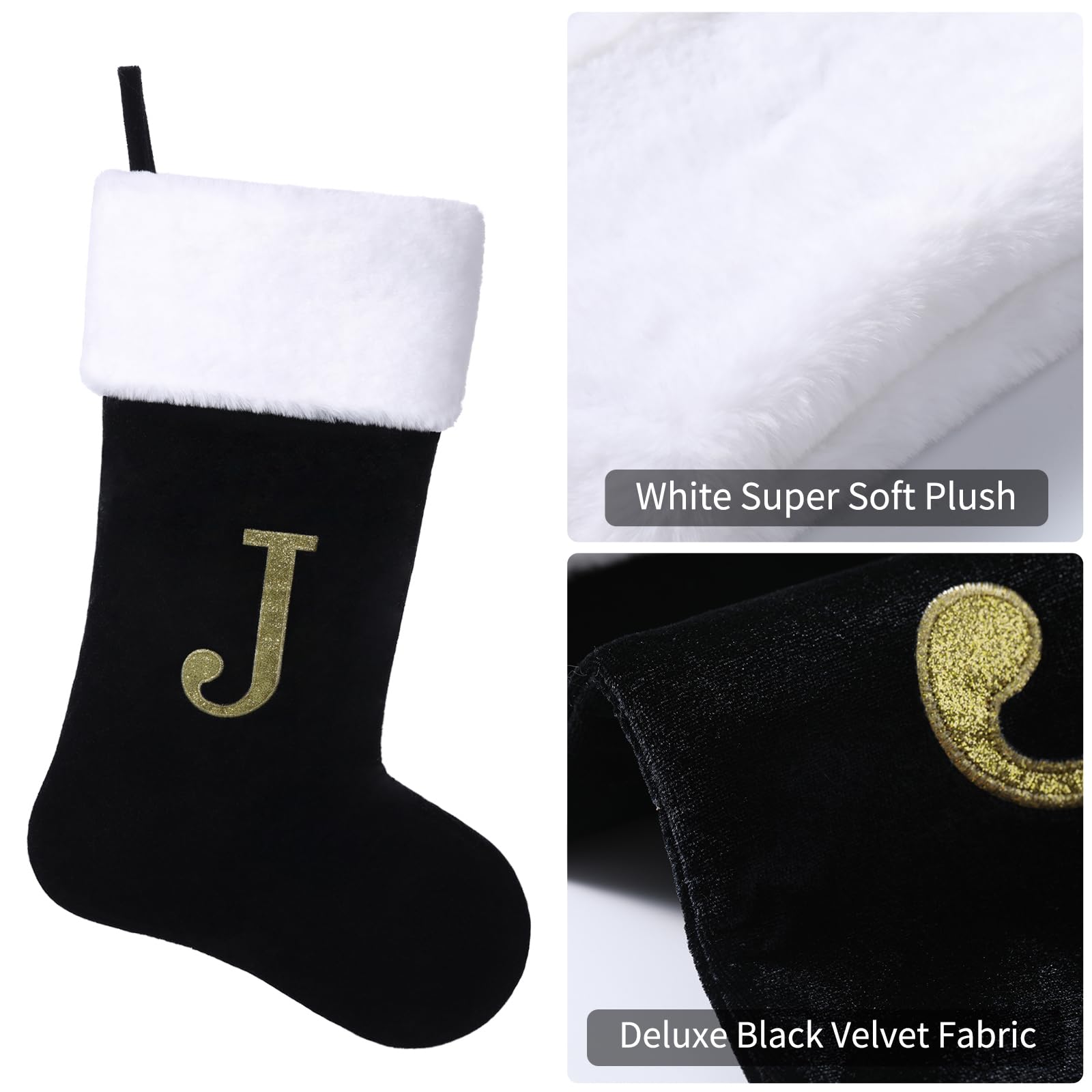 Yehnois 20 Inches Initial Monogram Christmas Stocking Personalized,Deluxe Black Velvet Body with Super Soft Plush Cuff Embroidered Letter,Holiday Season Decor(E)