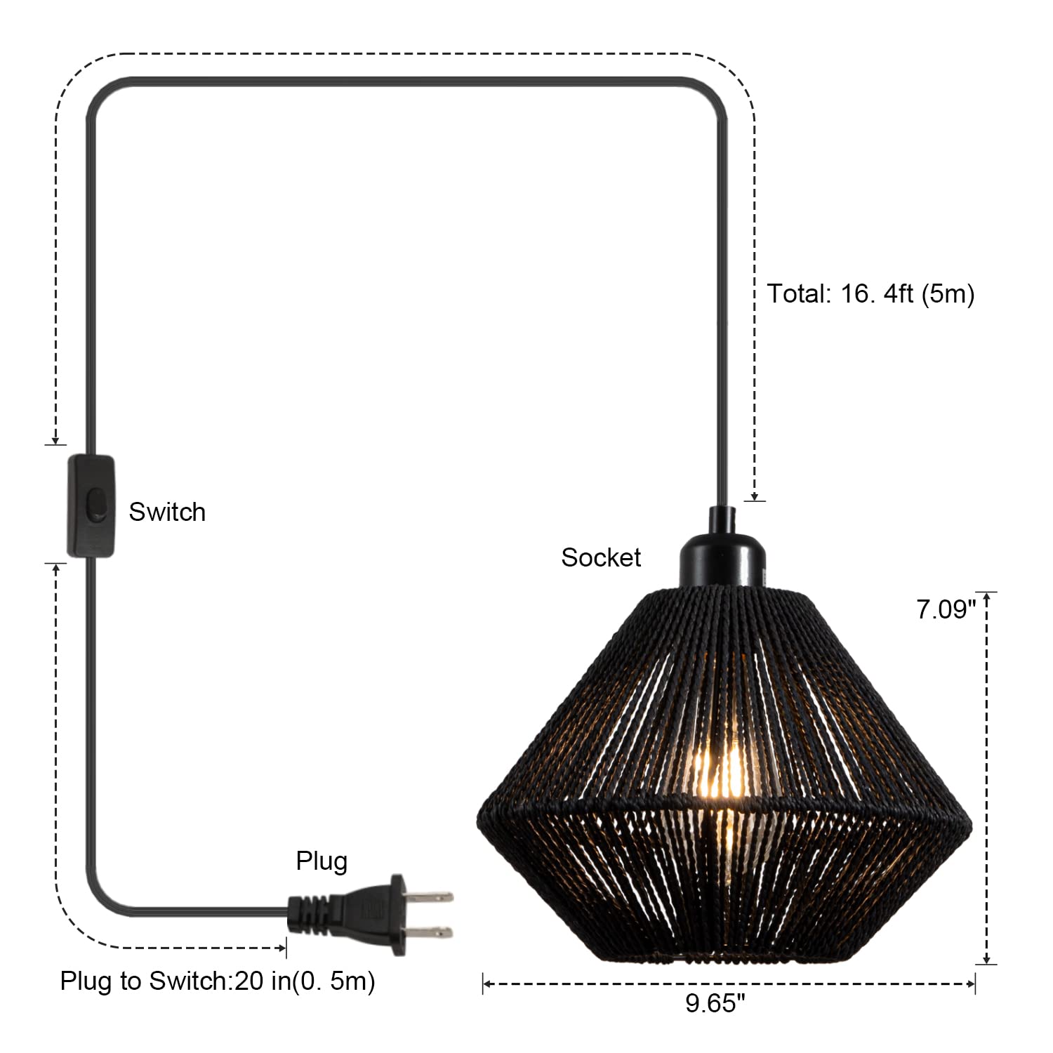 YongMing CL Black Woven Plug in Pendant Light Fixture, 9.65ββ Rustic Farmhouse Pendant Hanging Light with Plug in Cord & On/Off Switch for Kitchen Island Living Dining Room Bedroom Foyer